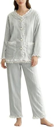 Generic Pyjama &agrave; manches longues avec dentelle pour femme - En flanelle - Doux et chaud - En polaire - Pour femme - Deux pi&egrave;ces - Avec boutonni&egrave;re - Col en V 
