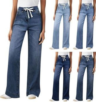 Generic Pantalon en jean pour femme - Taille haute - Stretch - Avec &eacute;lastique - Taille &eacute;lastique - Pantalon de loisirs baggy droit - Jambes larges - Coupe amp