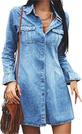 ORANDESIGNE Robe Chemise en Jean pour Femme Robe en Denim à Manches Courtes Boutonnée Denim Robe Été Chemisier Robe Col en V Robe Tunique Mini Robe Shirt Dress av
