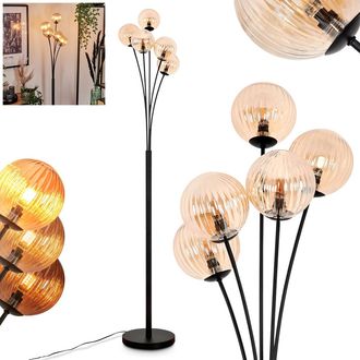 HOFSTEIN Stehleuchte Bernado, Stehlampe aus Metall/Riffelglas in Schwarz/Bernstein, Leuchte im modernen Retro/Vintage-Design mit Schirmen aus Glas (Ø 12 cm), d