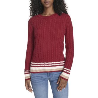 Tommy Hilfiger Damen-Pullover aus Baumwolle mit Rundhalsausschnitt und Zopfmuster, Crimson Multi, X-Klein