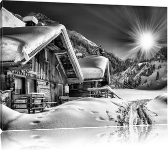 Pixxprint Monocrome, Verschneite Alpenh&uuml;tte, Gr&ouml;&szlig;e: 60x40cm, Leinwandbild, fertig gespannt, Wandbild, Dekoration, Kunstdruck, kein Poster