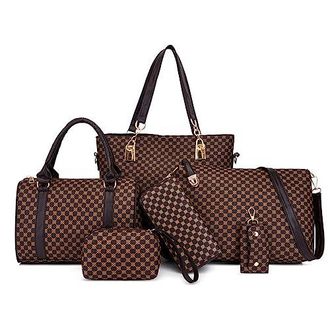 Generic Lot de 6 sacs &agrave; main en cuir &agrave; carreaux pour femme avec poign&eacute;e sur le dessus, sacs &agrave; bandouli&egrave;re tendance pour femme, marron, Large