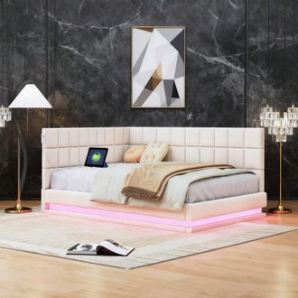 Generic Polsterbett Schlafsofa 140 * 200 Multifunktionsbettmit LED Lichtleiste, USB Steckdose und Lattenrost, hautsympathischer Samtstoff beige
