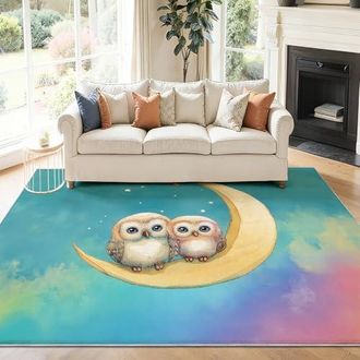 Generic Tapis de D&eacute;coration Rectangulaire, Aquarelle Dessin Anim&eacute; Animaux Hibou Kids Flanelle Tapis pour Chambre denfant - Bleu-Vert Int&eacute;rieur Antid&eacute;rapant Ta