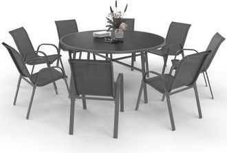 IDMarket Salon de jardin MADRID table ronde 150 CM et 8 chaises empilables gris anthracite