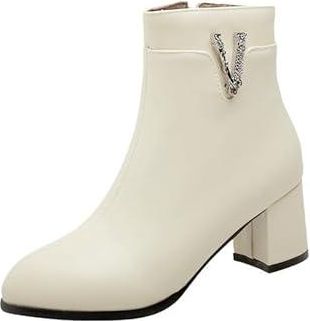 Generic Bottines Femme À Bout Rond Cristal V Talon Épais Fermeture Éclair Latérale Confortables Antidérapantes Résistantes Élégantes pour Quotidien Fête Burea