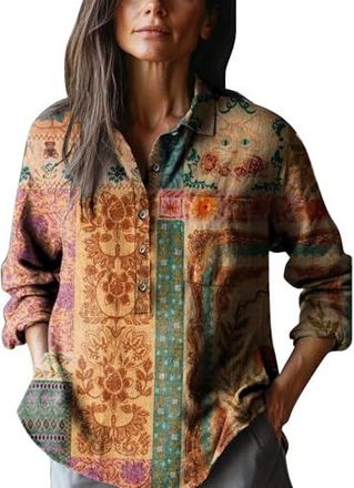 Generico Chemise D&eacute;contract&eacute;e &agrave; Manches Longues Chemisier en Lin Coton &Eacute;l&eacute;gant Respirant Chemises Col en V Classique Blouse Vintage Imprim&eacute; avec Boutons Mode T