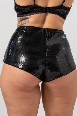 Understatement Damen vegan Slip Pailletten Mesh Hotpants Schwarz
