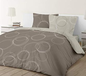 Vision Streetwear Parure de lit R&eacute;versible 100% Coton - Lenny Beige - Set de Housse de Couette 260x240 cm avec 2 taies doreiller pour lit Kingsize 2 Personnes - Fibres 