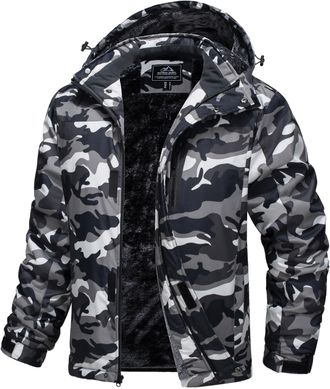 Magcomsen Herren Wame Winterjacke Winddicht Fleece Softshelljacke Atmungsaktiv Wasserdicht Skijacke Snowboardjacke Multi Taschen Arbeitsjacke Schwarz Camo XXL