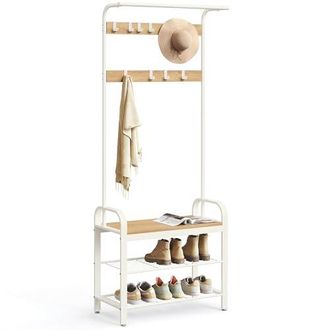 Vasagle Garderobenst&auml;nder, Garderobe, mit Schuhbank, 4-in-1 Design, 9 abnehmbare Haken, Kleiderstange, Eingangsbereich, Flur, 33,7 x 72 x 183 cm, modern, eich