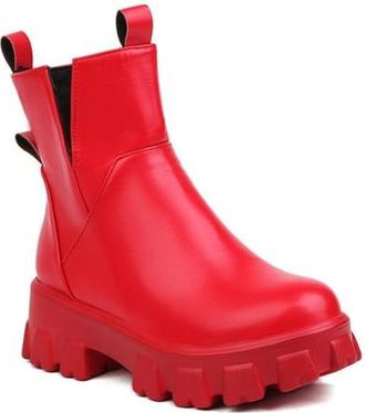 Generic Bottines Chelsea tendance &agrave; coupe en V pour femme - Bout rond - Fermeture &eacute;clair lat&eacute;rale - Talon moyen - Chaussures habill&eacute;es dhiver, Rouge, 40.5 EU