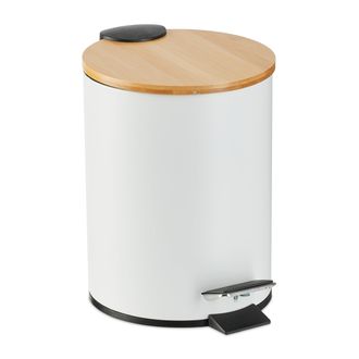 Relaxdays Kosmetikeimer, 3 Liter, Absenkautomatik, entnehmbarer Inneneimer, Bad M&uuml;lleimer, Metall, Bambusdeckel, wei&szlig;