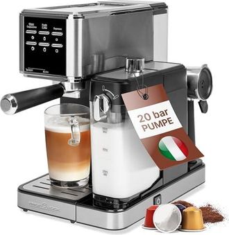 Profi Cook ProfiCook Espressomaschine 2in1 | für Kaffeepulver und Nespresso kompatible Kapseln | Siebträgermaschine | 20 bar | Milchsystem für Milchkaffee und Ca