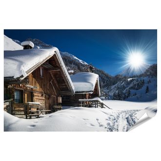 Islandburner Poster Winterlandschaft Alpen H&uuml;tten Schnee Sonne - Poster 130x90cm