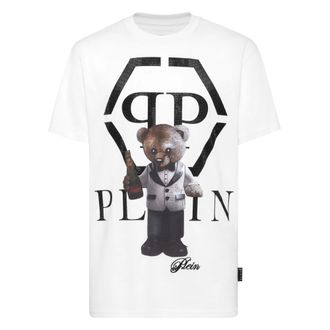 Philipp Plein Homme, Tops, Blanc, Taille: 2XL T-Shirt Col Rond Ours en Peluche