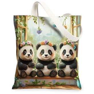 Generic Sac fourre-tout en toile motif panda printanier pour faire du shopping, 33 x 38,1 cm, motif floral en pot, r&eacute;utilisable, sac d&eacute;picerie pour femme, pei