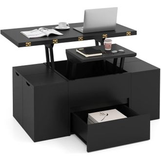 Costway Table Basse avec Plateau Relevable et 4 Tabourets de Rangement, Compartiment Cach&eacute; & Tiroir, Table Basse Carr&eacute;e pour 4 &agrave; 8 Personnes, Blanc