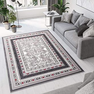 Tapiso Dream Tapis de Salon Chambre Salle &agrave; Manger Adulte Bureau Design Moderne Gris Cr&egrave;me Rouge G&eacute;om&eacute;trique Motif Ornamental Floral Bordure Poil Court Fin D