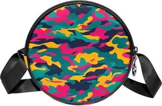 Generic Petit sac &agrave; bandouli&egrave;re rond pour femme, motif camouflage color&eacute;, avec fermeture &eacute;clair, bretelles r&eacute;glables, sac &agrave; main rond d&eacute;contract&eacute; pour femmes 