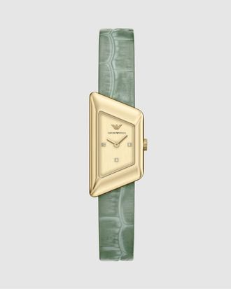 Emporio Armani Uhr mit zwei Zeigern aus gr&uuml;nem Leder in Gold