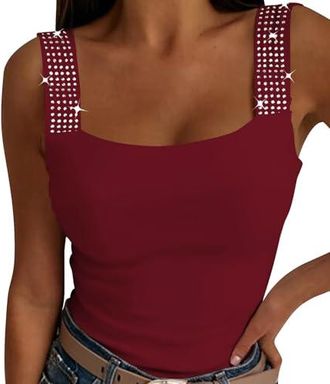 Generic D&eacute;bardeur pour femme - En coton - D&eacute;contract&eacute; - &Eacute;l&eacute;gant - Avec strass - A&eacute;r&eacute; - Camisole - Sans manches - &Eacute;lastique - Sans manches - Y2K - L&eacute;ger - Coup