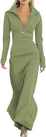 Generic Robe maxi &agrave; manches longues pour femme - Design sweat-shirt - Col zipp&eacute; - Col en V - Streetwear - &Eacute;paules d&eacute;nud&eacute;es - Sexy, vert, XXL