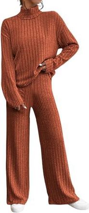 Generic Tenues assorties en tricot deux pi&egrave;ces pour femmes, ensemble t-shirt et pantalon &agrave; col haut et ourlet fendu (Brown, XL)