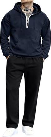 Generic Survêtement athlétique 2 pièces pour homme - Pull à capuche et pantalon de jogging en coton mélangé - Manches longues avec poches, bleu marine, 3XL