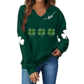 Generic Sweat-shirt tr&egrave;fle porte-bonheur pour femme - Chemise fantaisie - Grande taille - Col en V - Imprim&eacute; tr&egrave;fle irlandais - Tunique ample, Vert, XXL