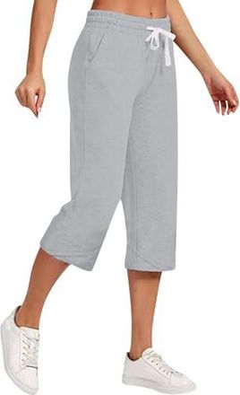 Generic Pantacourt en lin pour femme, pantalon court en lin pour femme, taille &eacute;lastique, jambe droite, avec poches, couleur unie, pantalon 3/4 avec cordon de