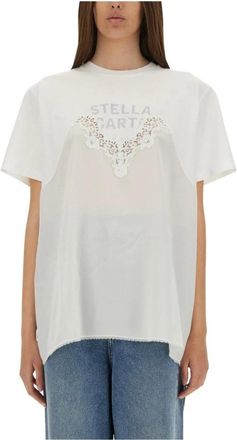 Stella McCartney Femme, Tops, Blanc, Taille: 38 FR T-shirt Boxy Graphique avec Insert en Dentelle