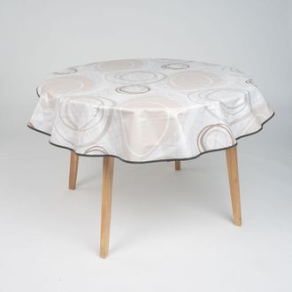 Laro 160cm runde Wachstuch Tischdecke abwaschbar Wachstuchtischdecke mit Saum-Eingefasst-Paspelband, Muster:Kreiswogen Weiß Beige, Größe: Rund 160cm