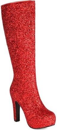 Generic Bottes hautes &agrave; paillettes scintillantes pour femme - Bout rond - Talon bloc &eacute;pais - Fermeture &eacute;clair lat&eacute;rale - Chaussures de f&ecirc;te de mariage, Rouge,