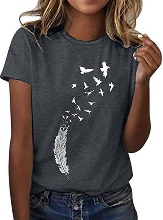 Generic T-shirt à manches courtes et col rond pour femme Motif plume 2026, gris foncé, XXL
