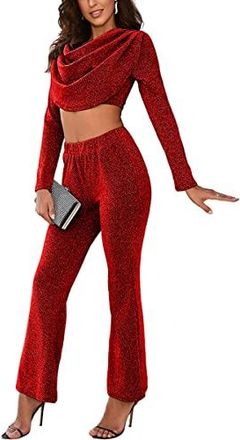 Onsoyours Ensemble de V&ecirc;tements 2 Pi&egrave;ces Femme Elegante D&eacute;t&eacute; Sexy Paillettes T-Shirt Manches Longues + Pantalon Large Taille Haute Ensemble pour Party Clubwear 