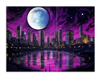 Wallario Herdabdeckplatte/Spritzschutz aus Glas, 2-teilig, 70x52cm mit 13 mm hohen Füßen, für Ceran- und Induktionsherde, Mond über der Stadt