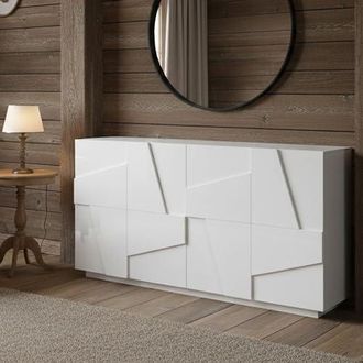 Dmora Kommode Noel, 4-t&uuml;riges K&uuml;chen-Sideboard, Wohnzimmer-Buffet, 100 % Made in Italy, 162 x 44 x 86 cm, gl&auml;nzendes Wei&szlig;