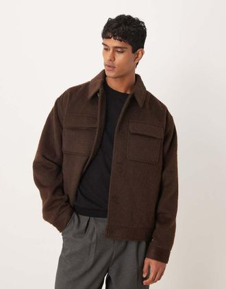 Asos Angeraute Harrington-Jacke in brauner Wolloptik-Brown