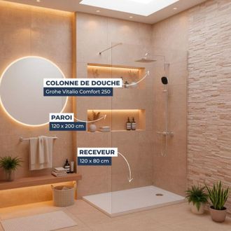 GROHE Dusch-Komplettset - Walk-In Duschwand 120x200 Chrom + Grohe Vitalio 2 Strahlarten + Gussmarmor-Duschwanne Wei&szlig; 120x80