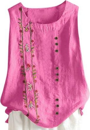 Generic Haut sans manches brod&eacute; boutonn&eacute; sur le devant pour femme - Coupe ample - L&eacute;ger - Pour le quotidien, les vacances, les voyages, rose vif, 5XL