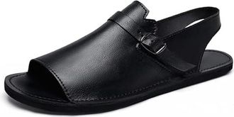 Generic Sandales plates en cuir v&eacute;ritable pour homme - Bout ouvert - Antid&eacute;rapantes - Sandales d&eacute;t&eacute; l&eacute;g&egrave;res - Sandales de plage, Noir, 39 1/3 EU
