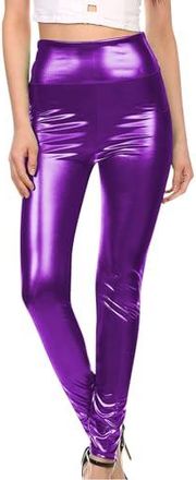 Generic Legging m&eacute;tallique pour femme - Pantalon brillant avec taille haute - Legging brillant - Look pour costume de danse avec poche - Gilet en cuir pour fe