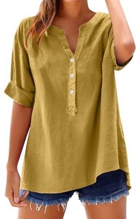 Generic Chemisier d&eacute;t&eacute; d&eacute;contract&eacute; &agrave; manches courtes et col en V pour femme, coupe ample, l&eacute;ger, facile dentretien, pour le quotidien, les voyages, kaki, 5XL