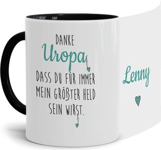 Tassendruck Tasse mit Spruch - Danke Uropa mein Held - Keramiktasse zum selbst Beschriften - Geschenk f&uuml;r Uropa - Innen & Henkel Schwarz, 300 ml