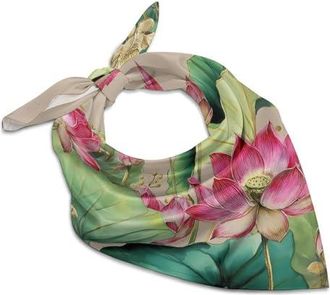 Generic Écharpe carrée en soie légère avec motif lotus aquarelle et feuilles vertes, écharpe pour cheveux, foulard respirant, cadeau pour homme et femme, mult