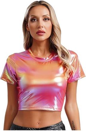 TiaoBug Femme Haut Court Holographique Crop Tops Débardeur de Fête Manches Courtes Col Montant T-Shirt de Danse Métallique Brillant Camisole Gilet de Danse Cl