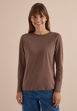 Cecil Langarmshirt CECIL, Damen, Gr. XXL (46), braun (urban taupe), Web, 80% Baumwolle, 20% Polyester, gestreift, comfort fit normal, U-Boot-Ausschnitt, abg