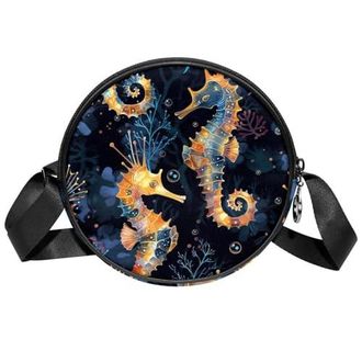 Generic Petit sac &agrave; bandouli&egrave;re rond pour femme, motif hippocampe, sac &agrave; dos &agrave; bandouli&egrave;re r&eacute;glable avec fermeture &eacute;clair, sac &agrave; main rond d&eacute;contract&eacute; pour fe